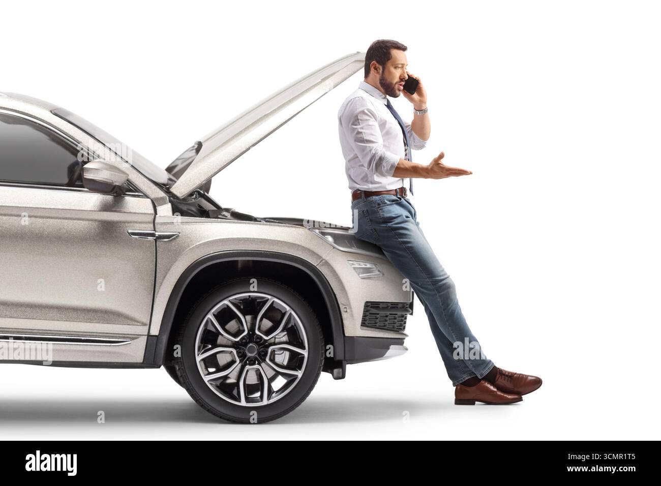 Man with car problem calling road assistance isolated on white ...