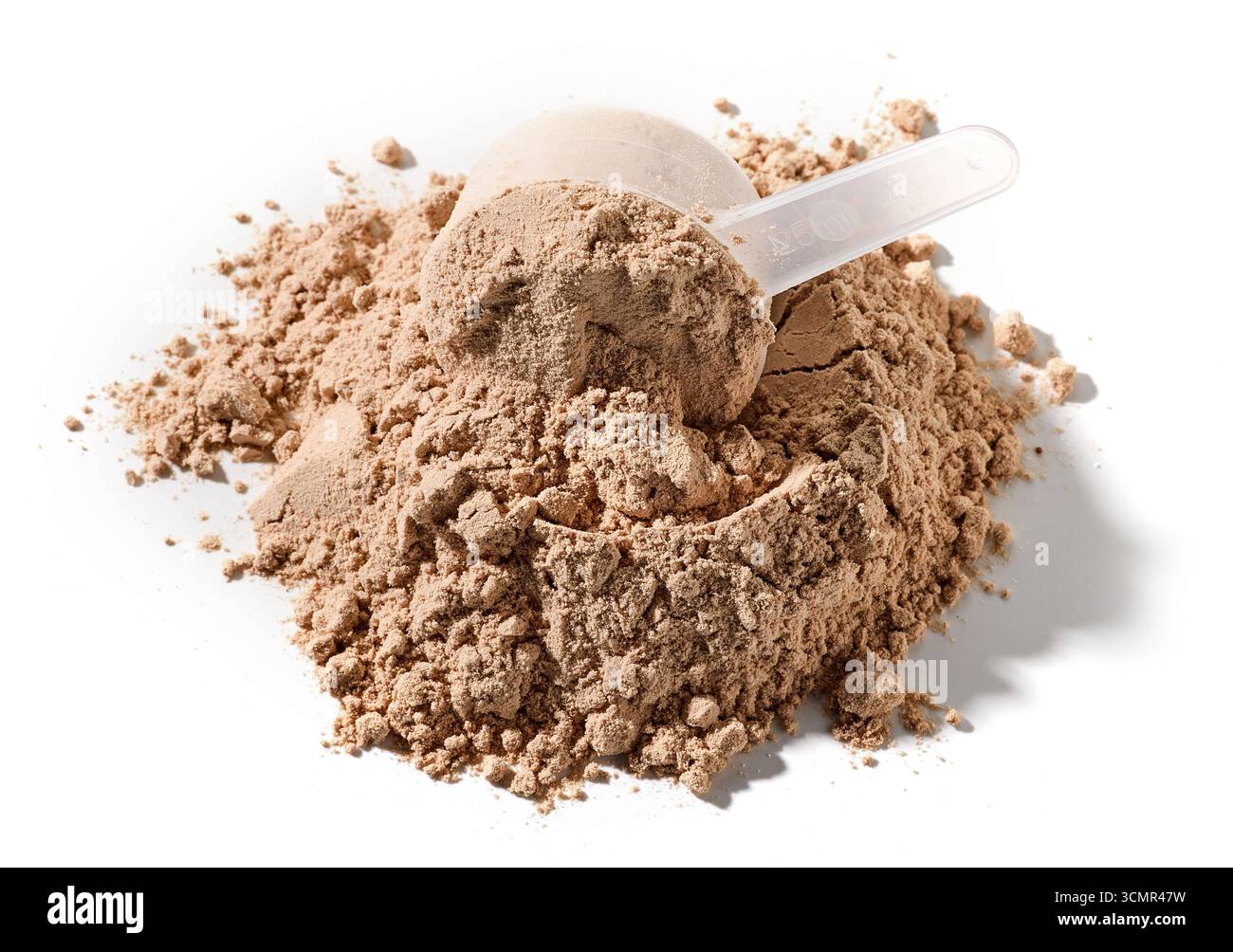 chocolate flavored vegan protein powder heap and measure spoon isolated ...