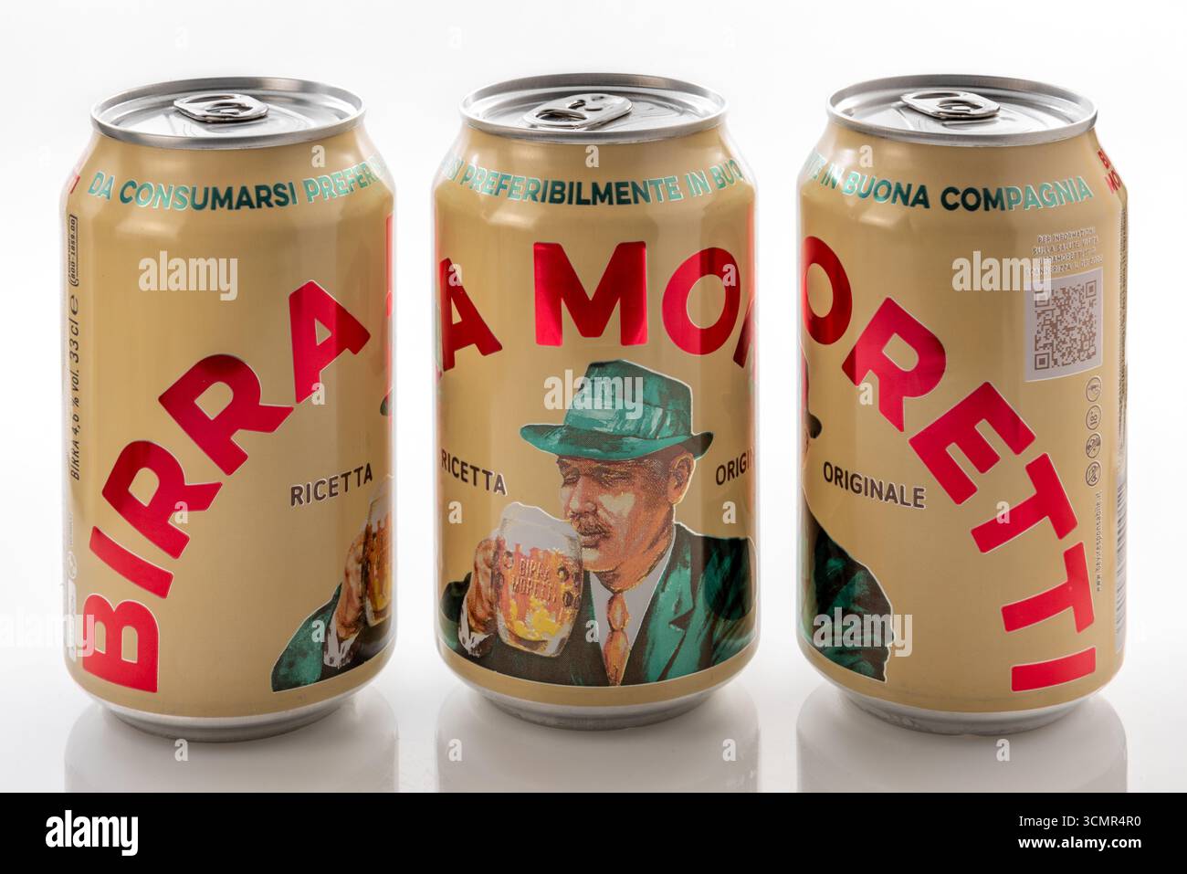 Italy - September 16, 2025: Cans of Moretti beer, a lager produced in ...