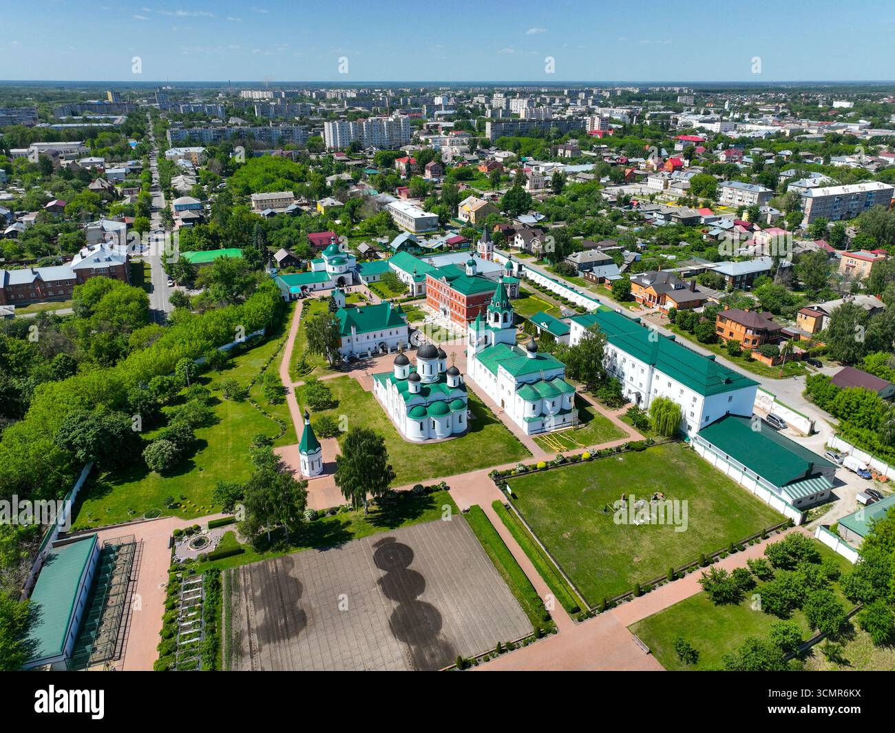 A wide aerial shot of the Transfiguration Monastery in Murom, showing ...