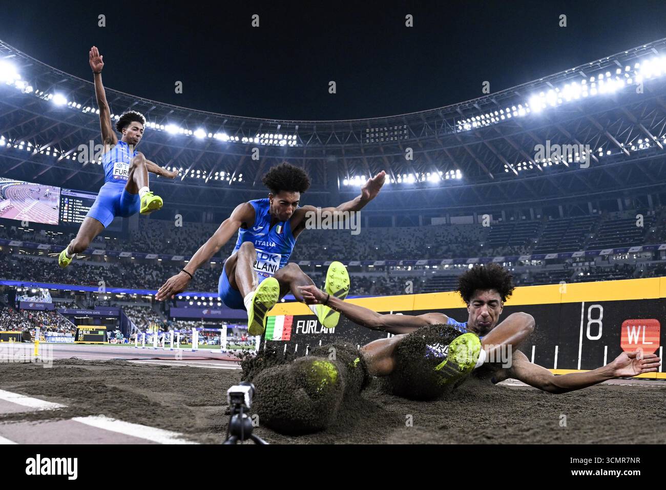 Composite photo shows Italy's Mattia Furlani competing en route to ...