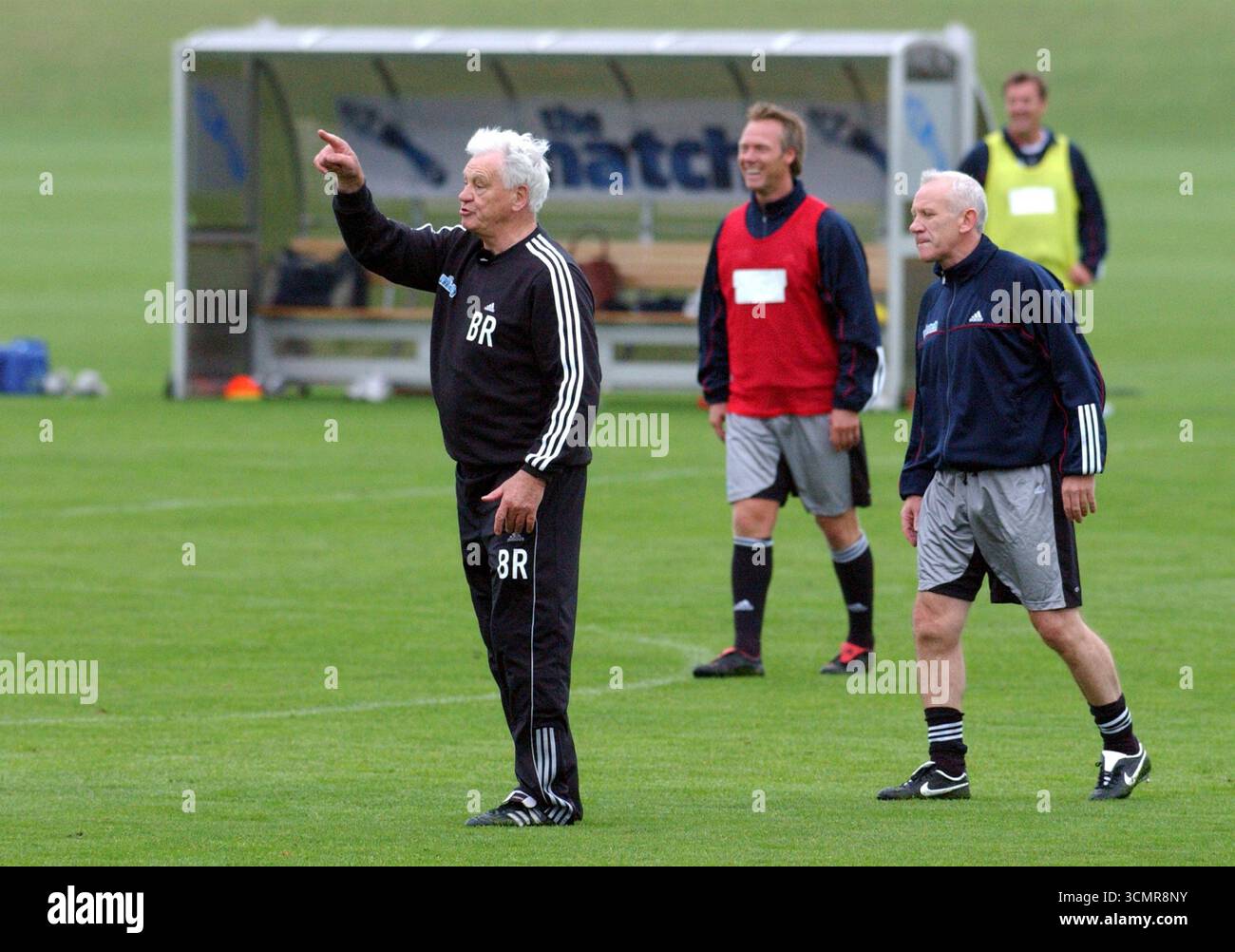 Sir Bobby Robson coaching the Legends XI team Warren Barton and Peter ...
