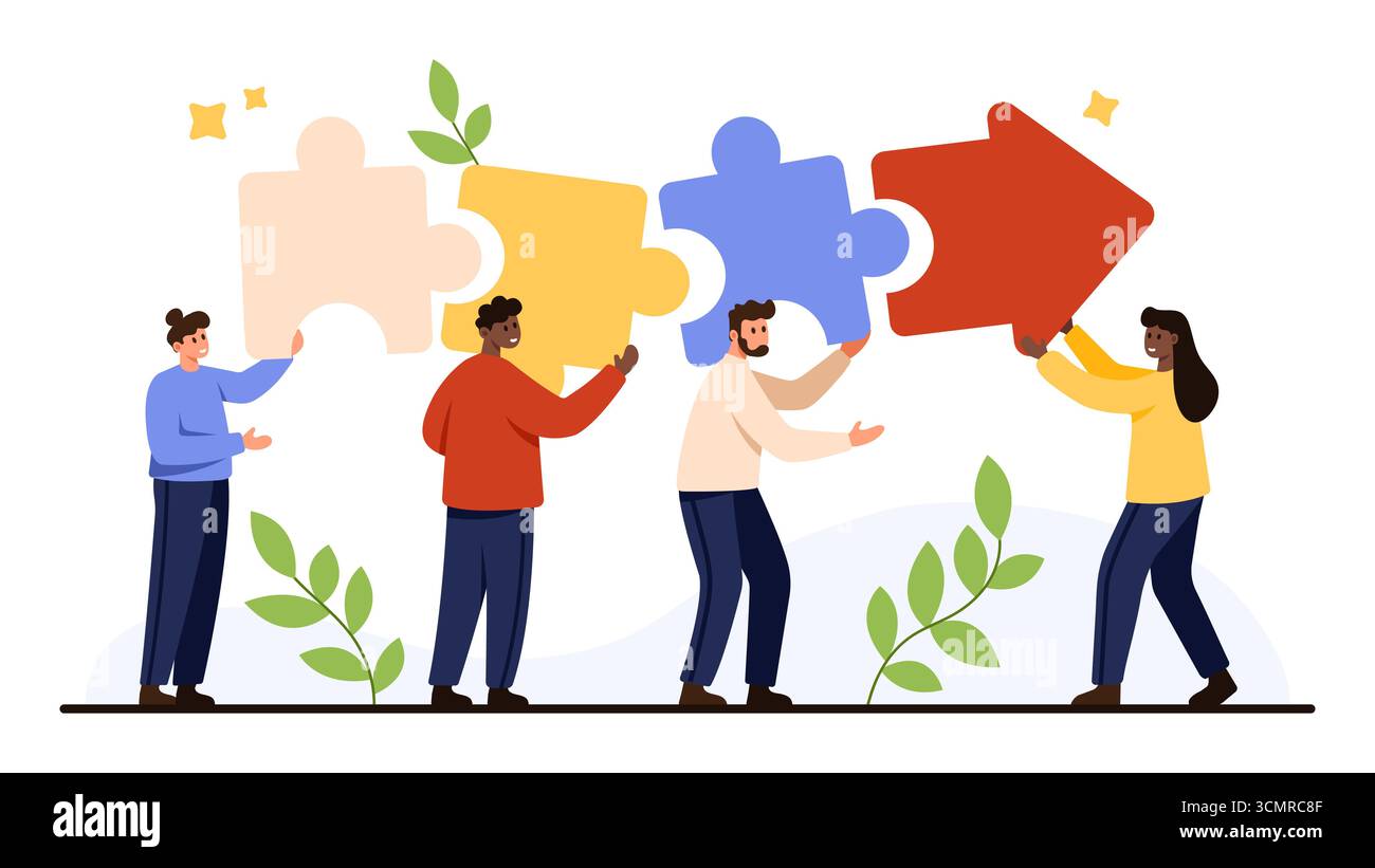 Group of diverse people connecting colorful puzzle pieces forming an ...