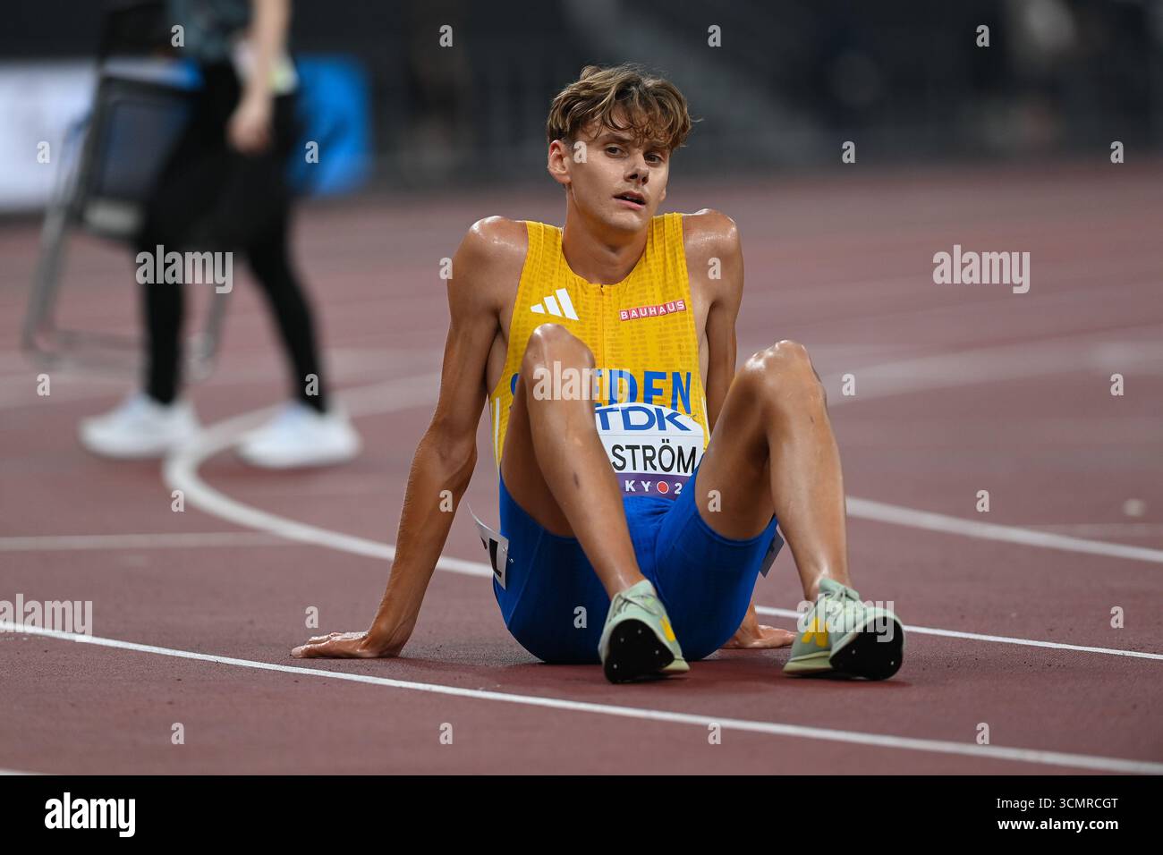 Samuel Pihlström (Sweden) sitting on the track after the 1500 metres ...