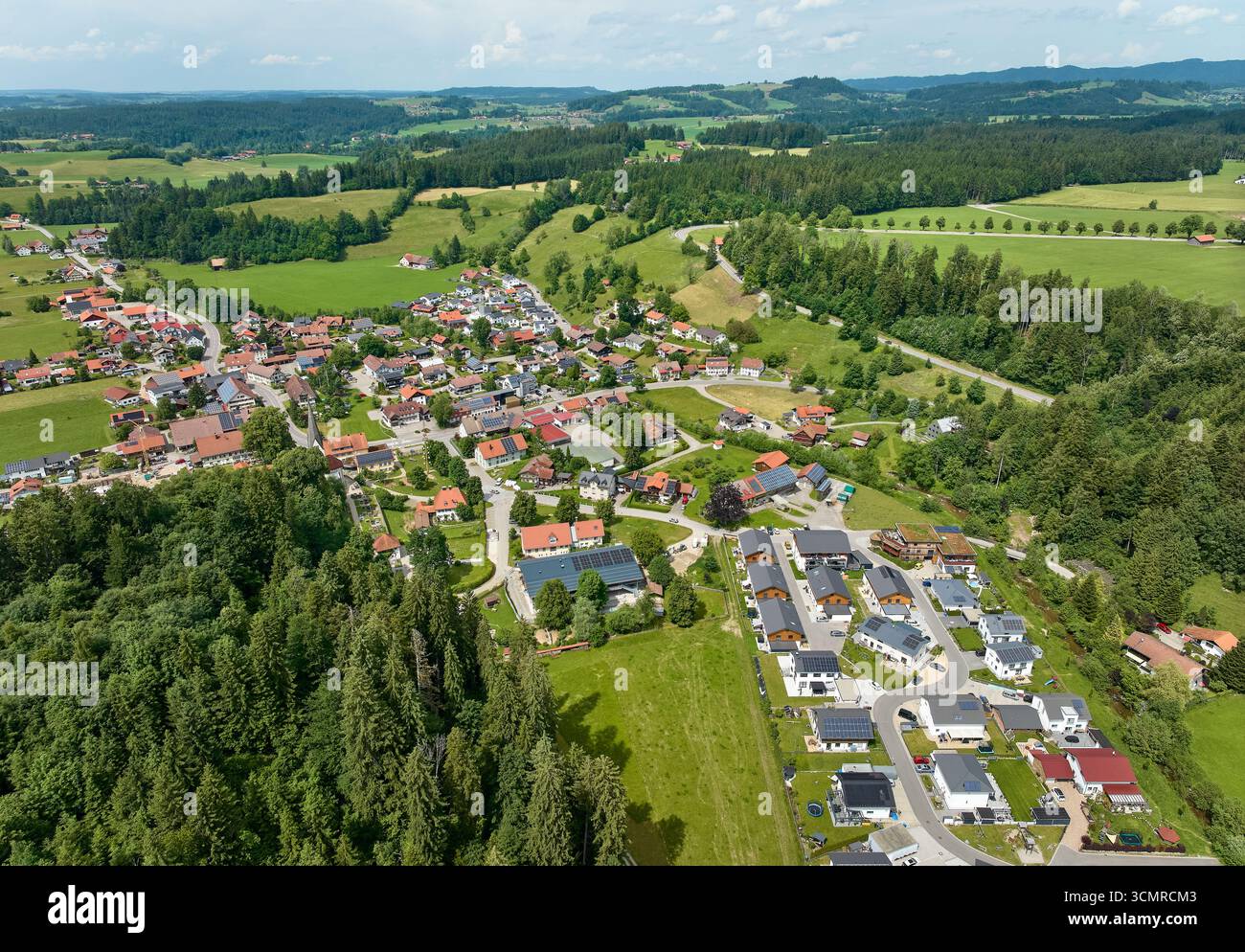 Aerial photo of the village of Roethenbach in the western Allgaeu in ...