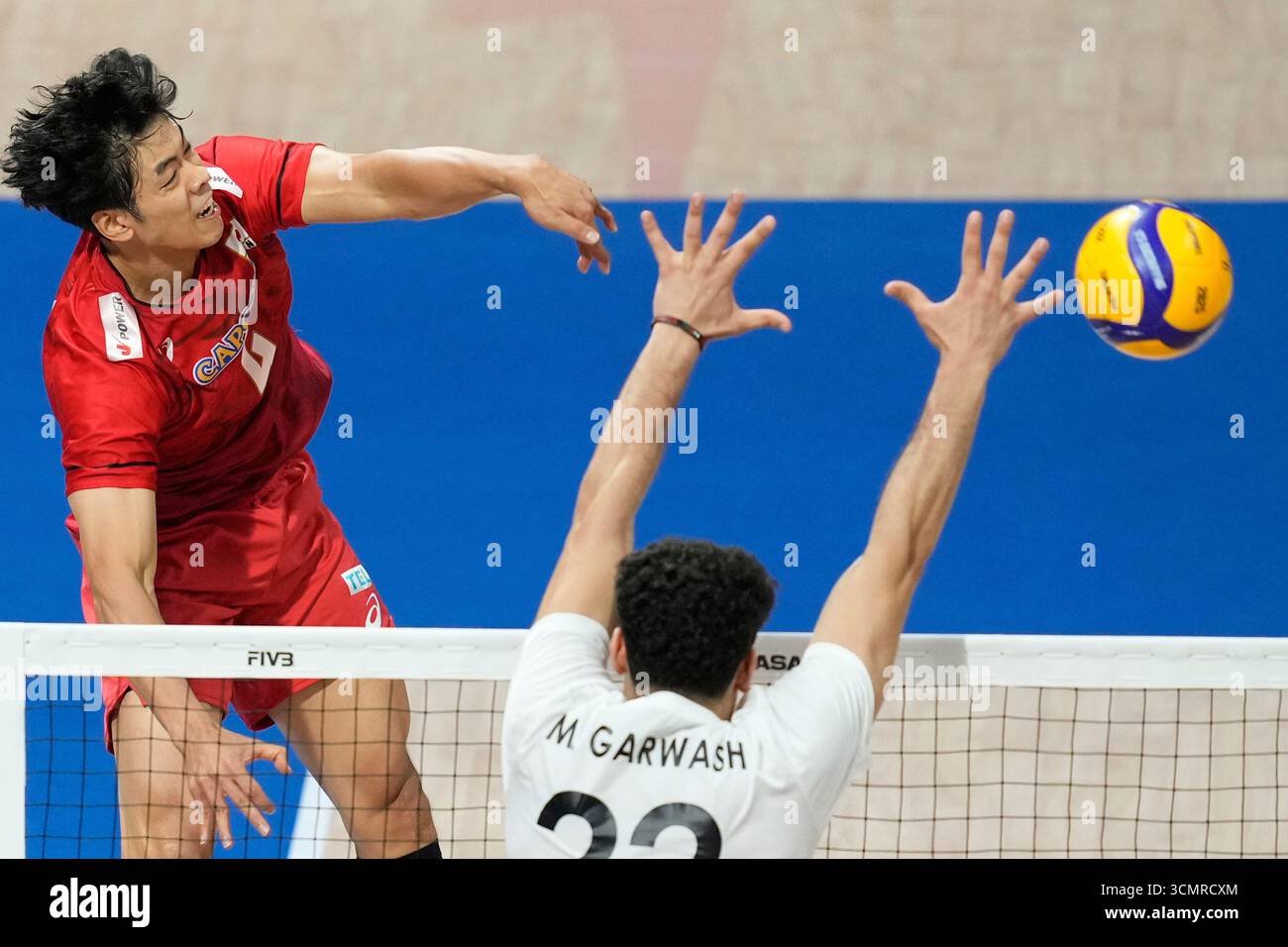 Kento Miyaura, left, of Japan spikes the ball against Mohamed Garwash ...