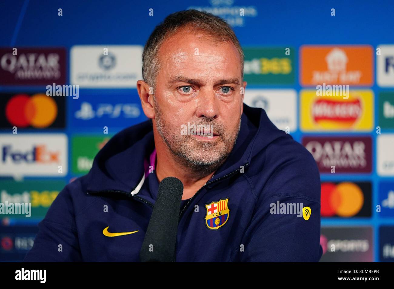 Barcelona manager Hansi Flick during a press conference at St James ...