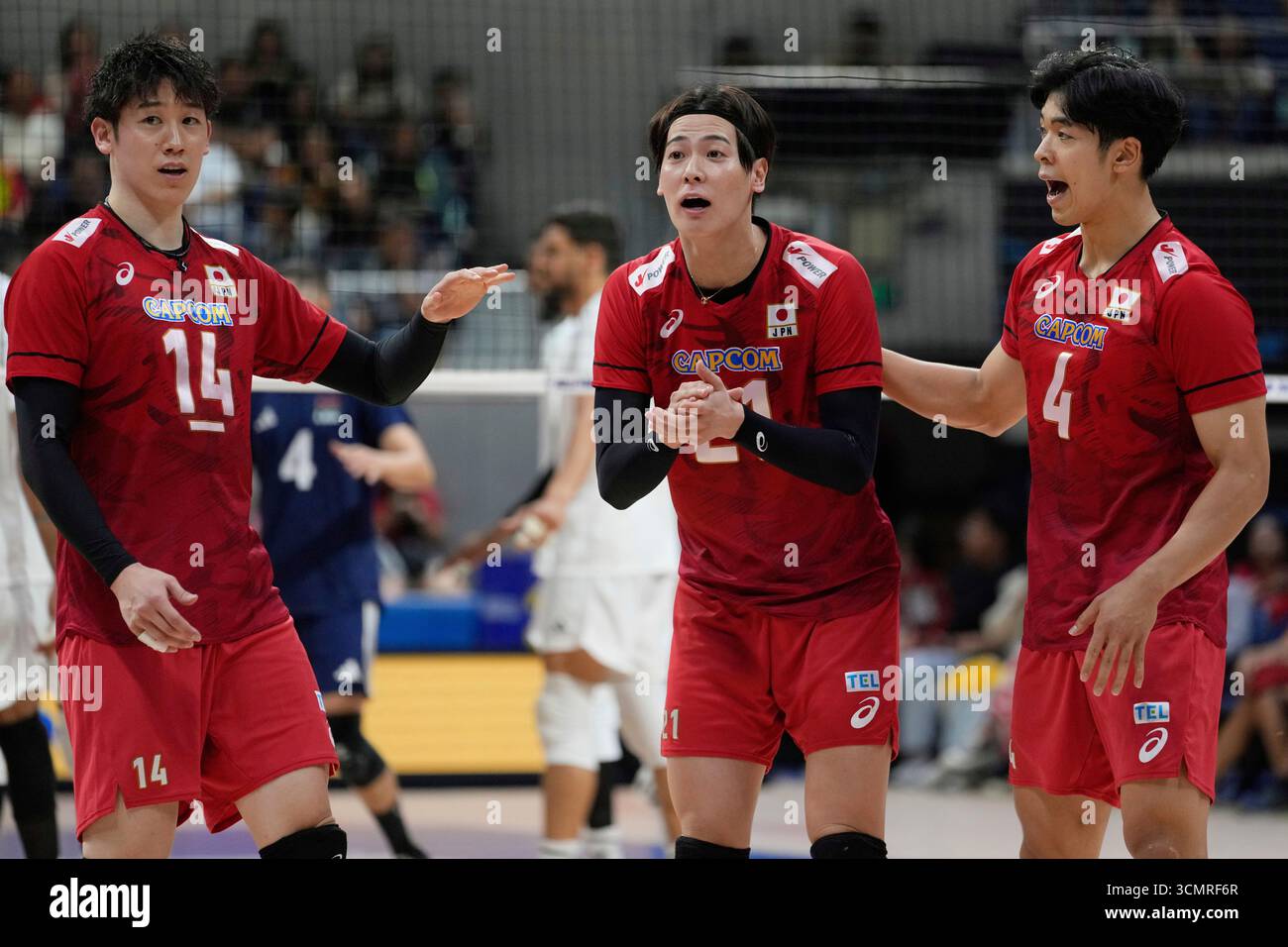 From left, Yuki Ishikawa, Motoki Eiro and Kento Miyaura of Japan react during their pool phase ...