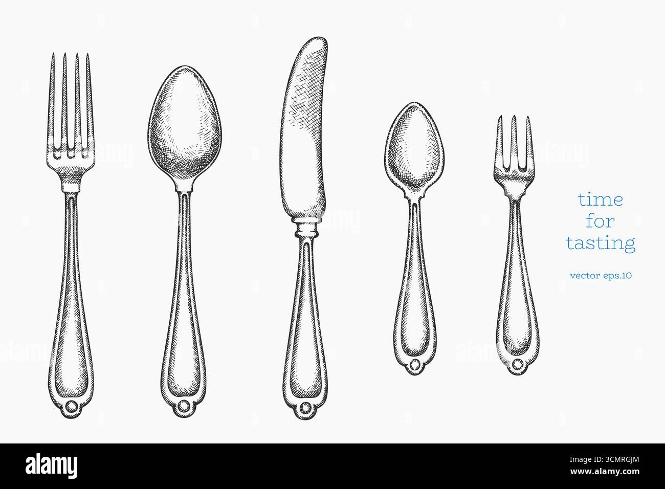 Retro Hand Drawn Vector Illustration of Cutlery Set Including Fork ...