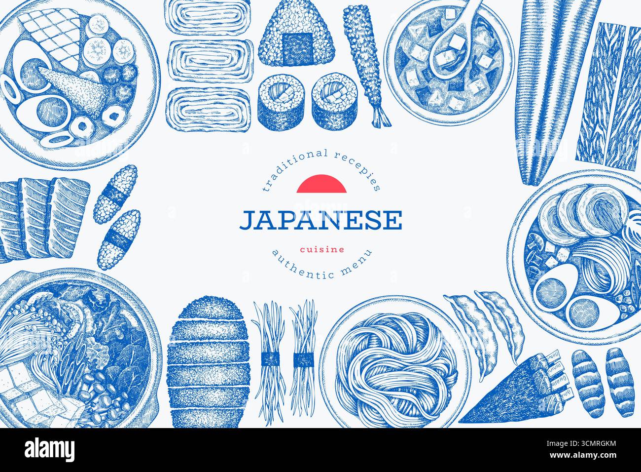 Japanese Cuisine Vector Design Template. Asian Dishes Hand Drawn ...