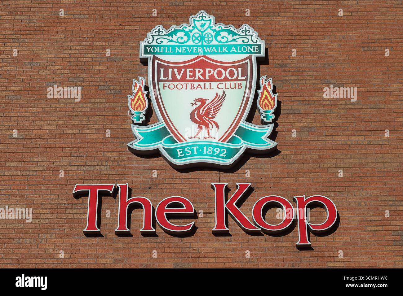 Liverpool badge on The Kop stand during the UEFA Champions League ...