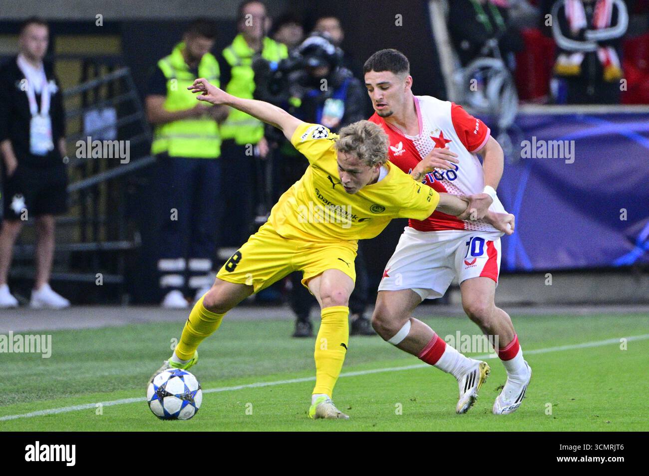 From left Sondre Auklend of Bodo/Glimt and Christos Zafeiris of Slavia ...