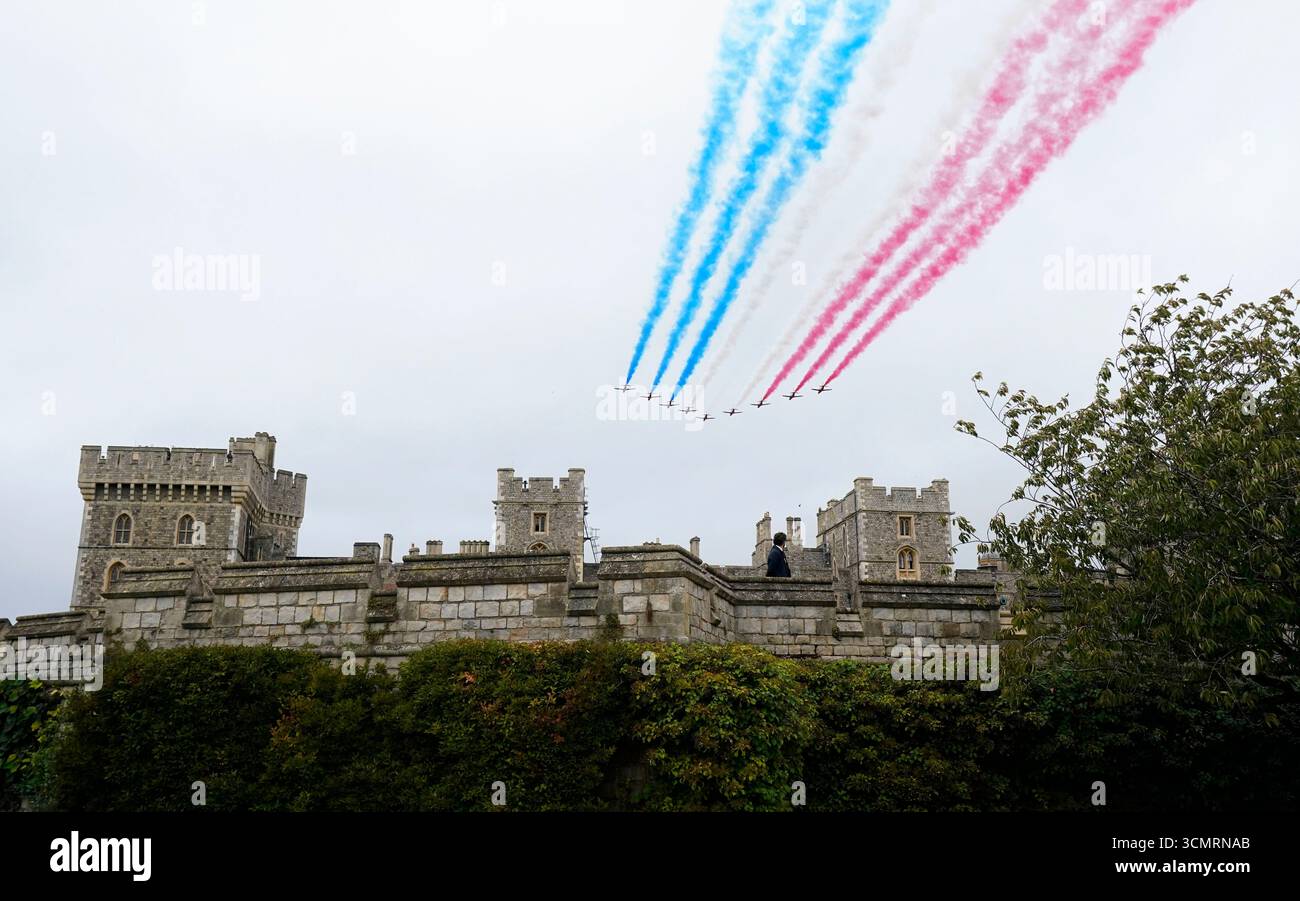 A flypast by the RAF Red Arrows during a Beating Retreat military ...
