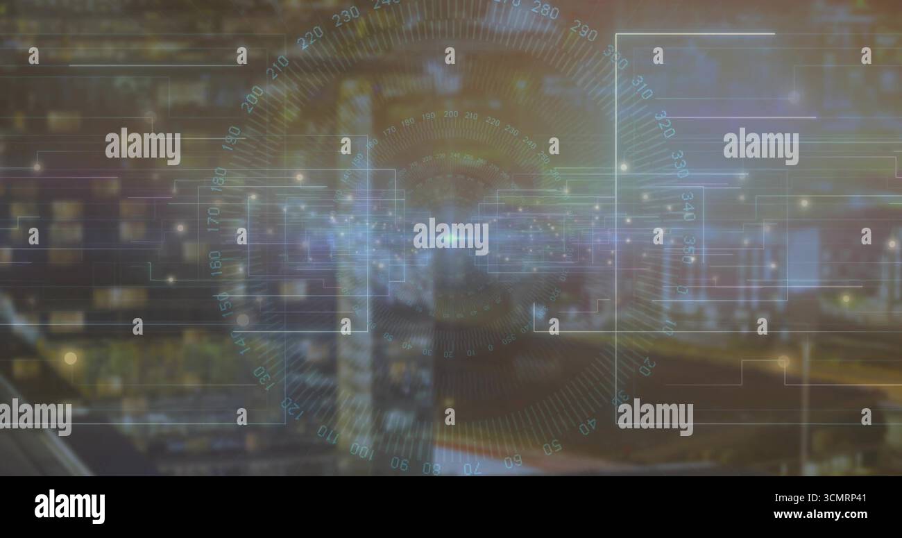 Displaying circular HUD projecting data panels over city at night, with ...