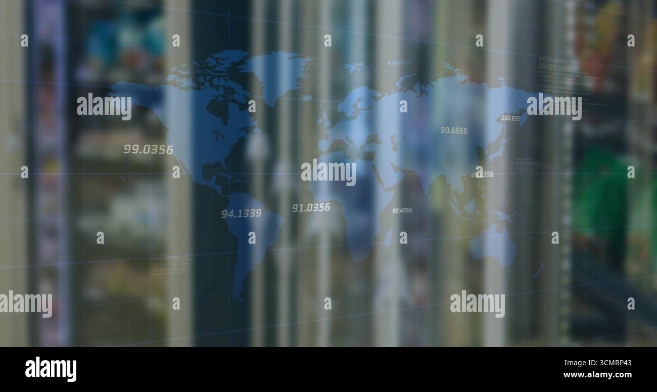 Displaying blue world map overlay showing data points in server room ...