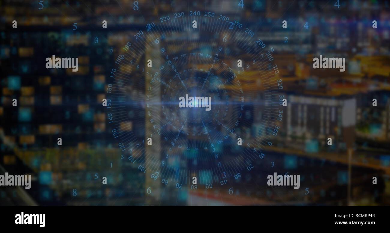 Projecting HUD overlay above urban skyline at night, showing concentric ...