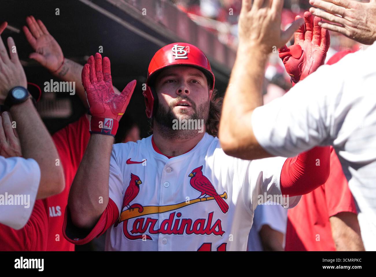St. Louis Cardinals' Alec Burleson is congratulated by teammates after ...