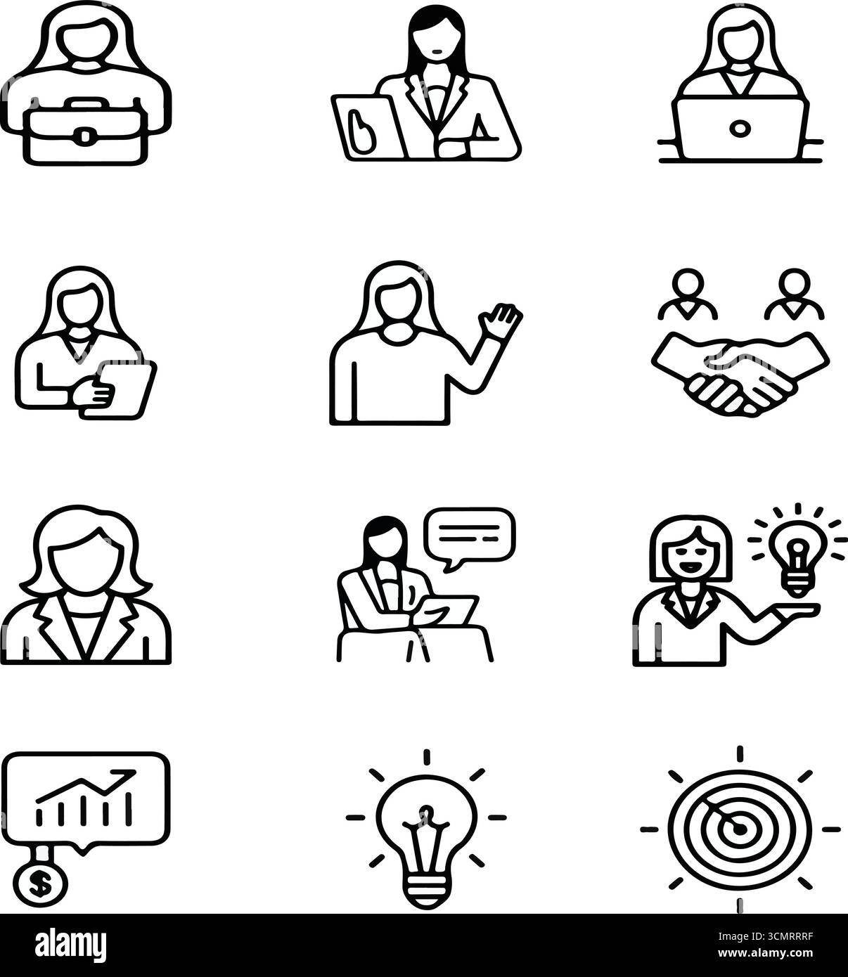 Black and white businesswoman icon set with leadership, finance ...