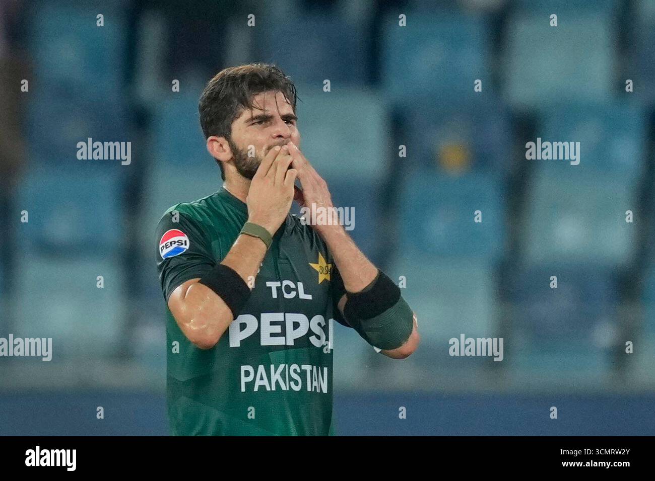 Pakistan's Shaheen Shah Afridi celebrates the dismissal of United Arab ...