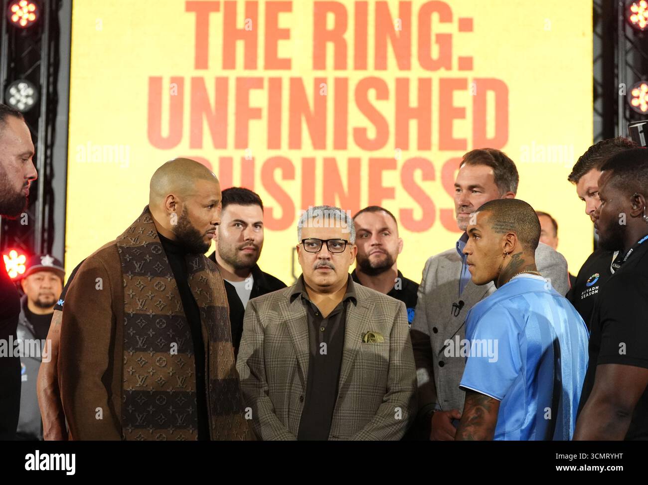 Chris Eubank Jr, CEO of Sela Rakan Al-Harthy, and Conor Benn during a ...