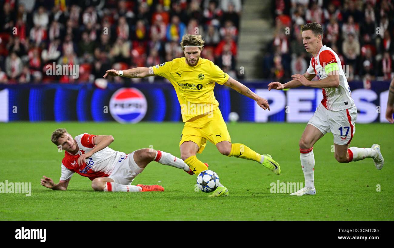 Prague, Czech Republic. 17th Sep, 2025. From left David Zima of Slavia ...