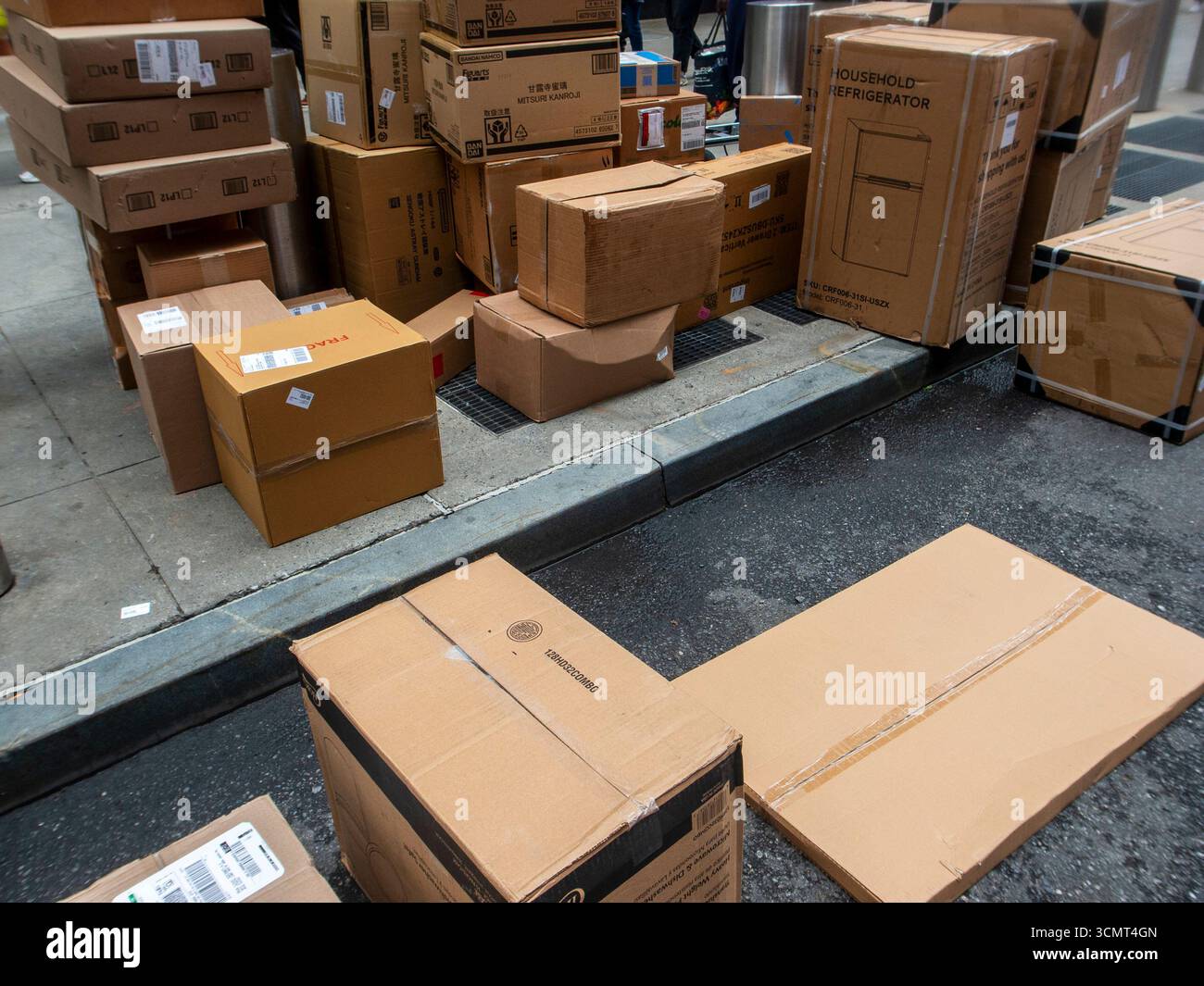 September 3, 2025, New York, New York, USA: Boxes for delivery piled up ...