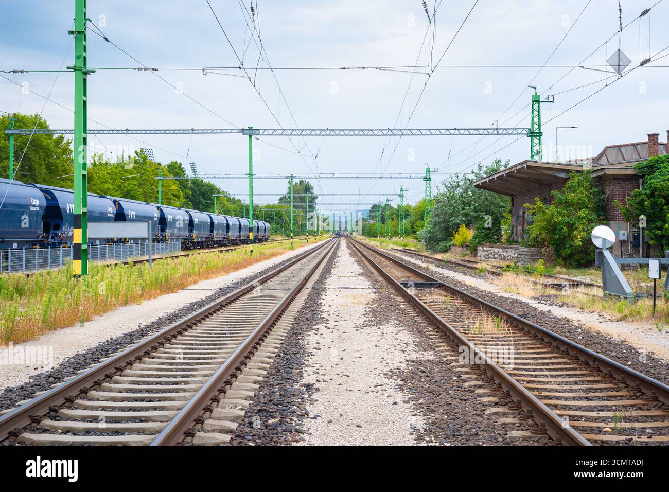 Parallel train tracks stretching into the distance beside a stationary ...