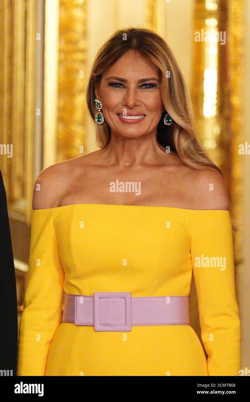 First Lady Melania Trump arrives at the state banquet in Windsor Castle ...