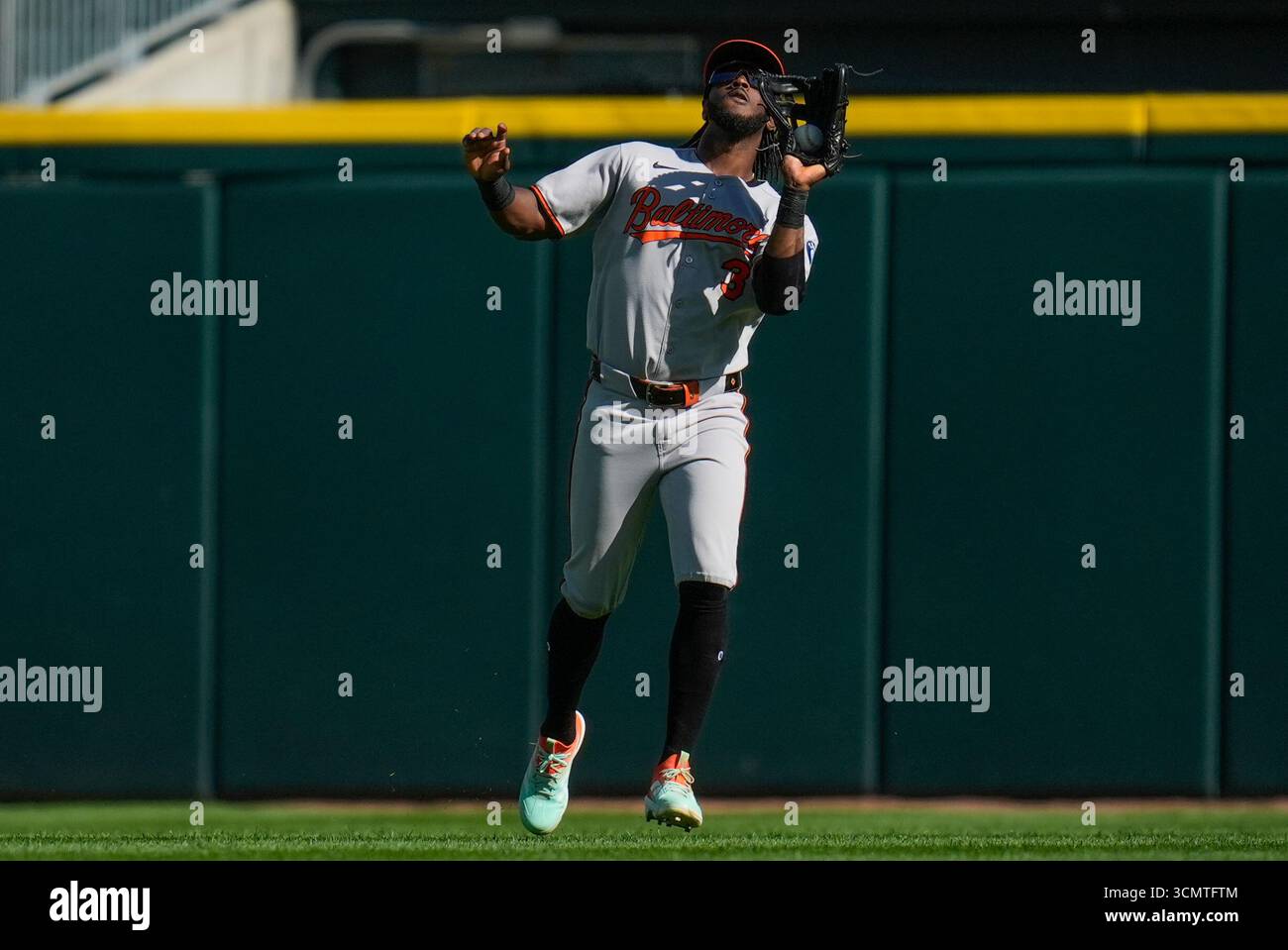 Baltimore Orioles center fielder Jorge Mateo (3) catches a fly out from ...