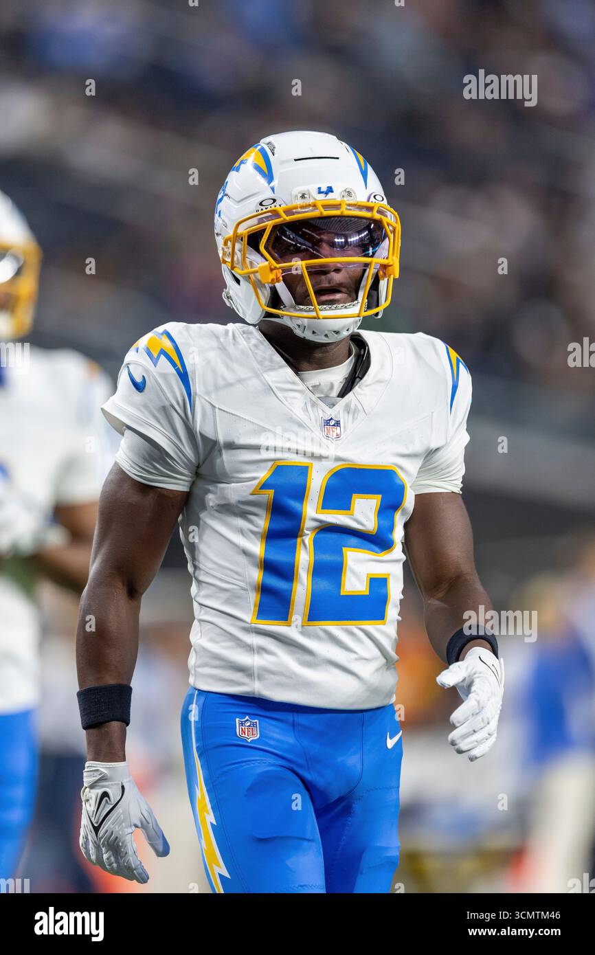 Los Angeles Chargers wide receiver Derius Davis (12) warms up before ...