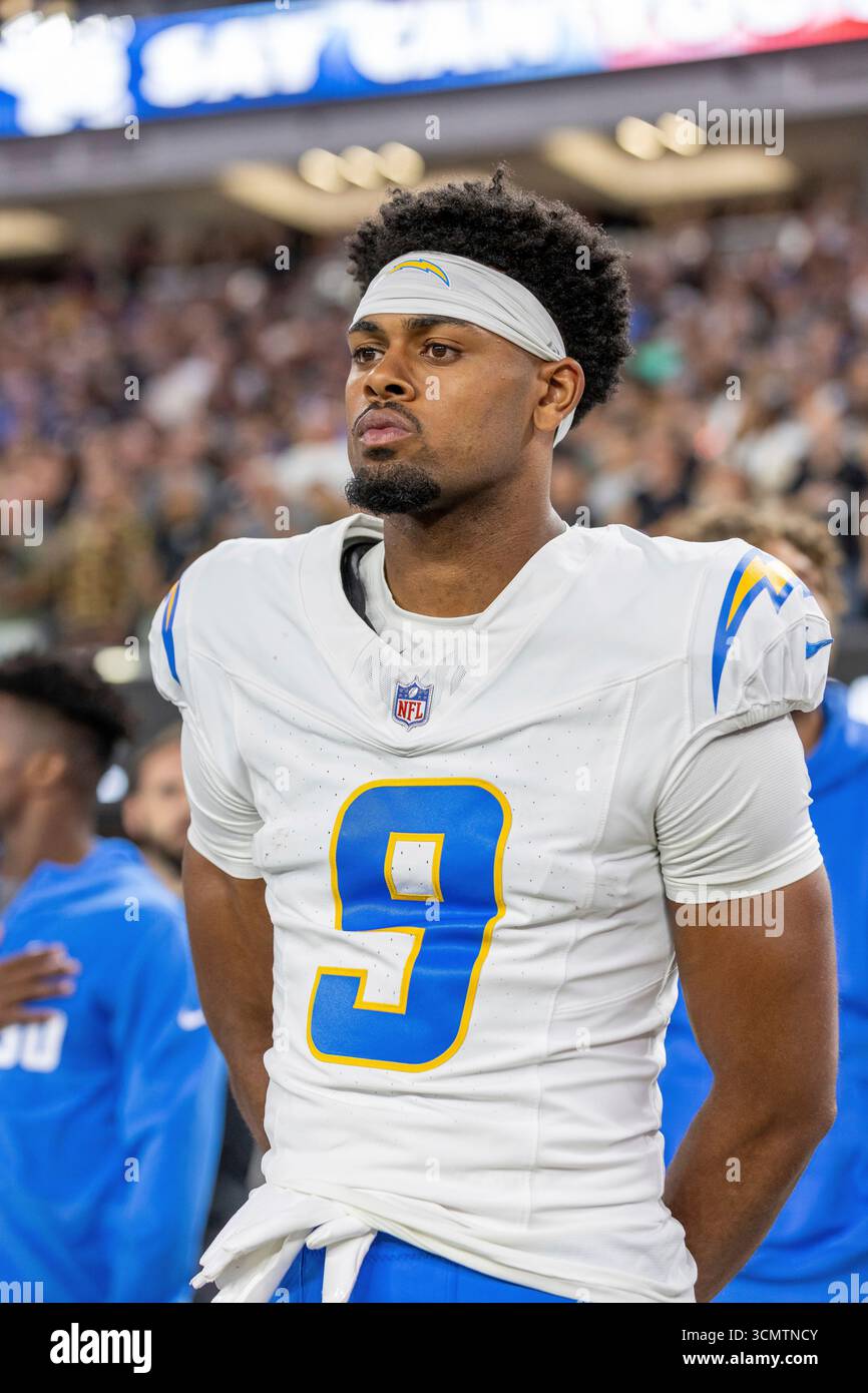 Los Angeles Chargers wide receiver Tre' Harris (9) stands for the ...