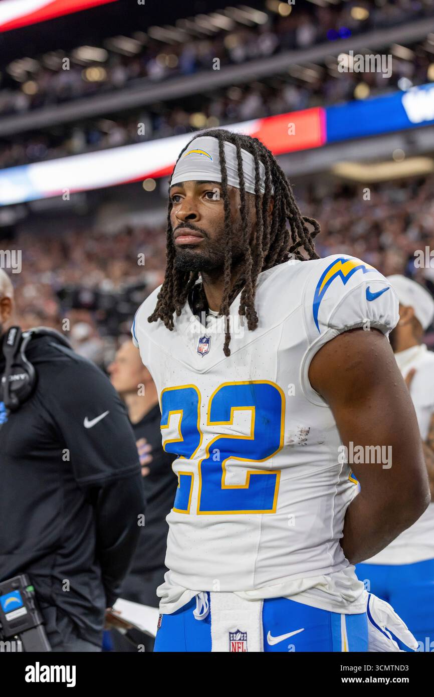 Los Angeles Chargers running back Najee Harris (22) stands for the ...