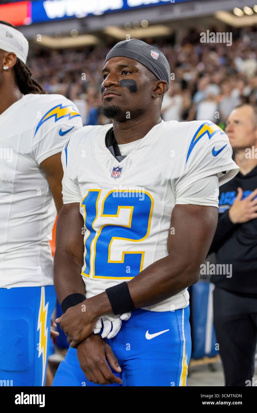 Los Angeles Chargers wide receiver Derius Davis (12) stands for the ...