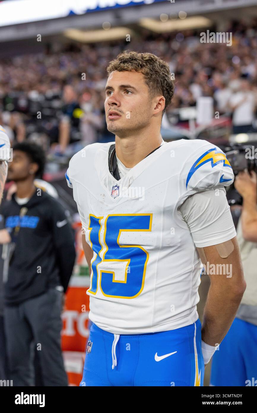 Los Angeles Chargers wide receiver Ladd McConkey (15) stands for the ...
