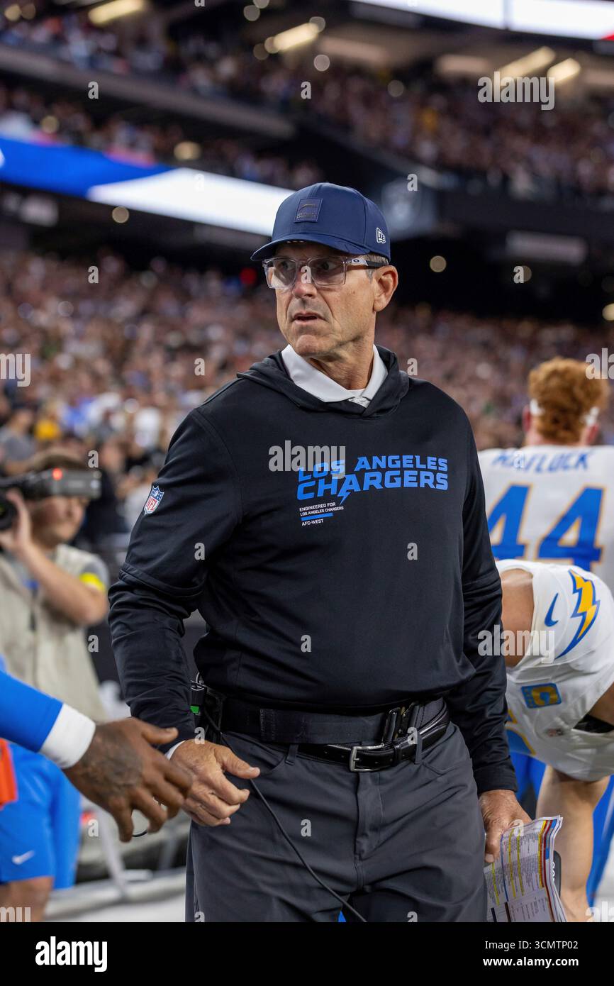 Los Angeles Chargers head coach Jim Harbaugh coaches against the Las ...