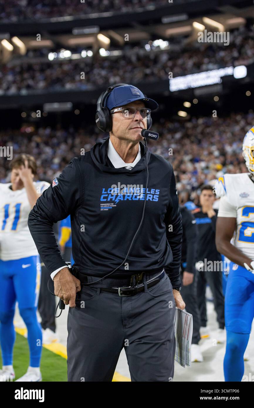 Los Angeles Chargers head coach Jim Harbaugh coaches against the Las ...