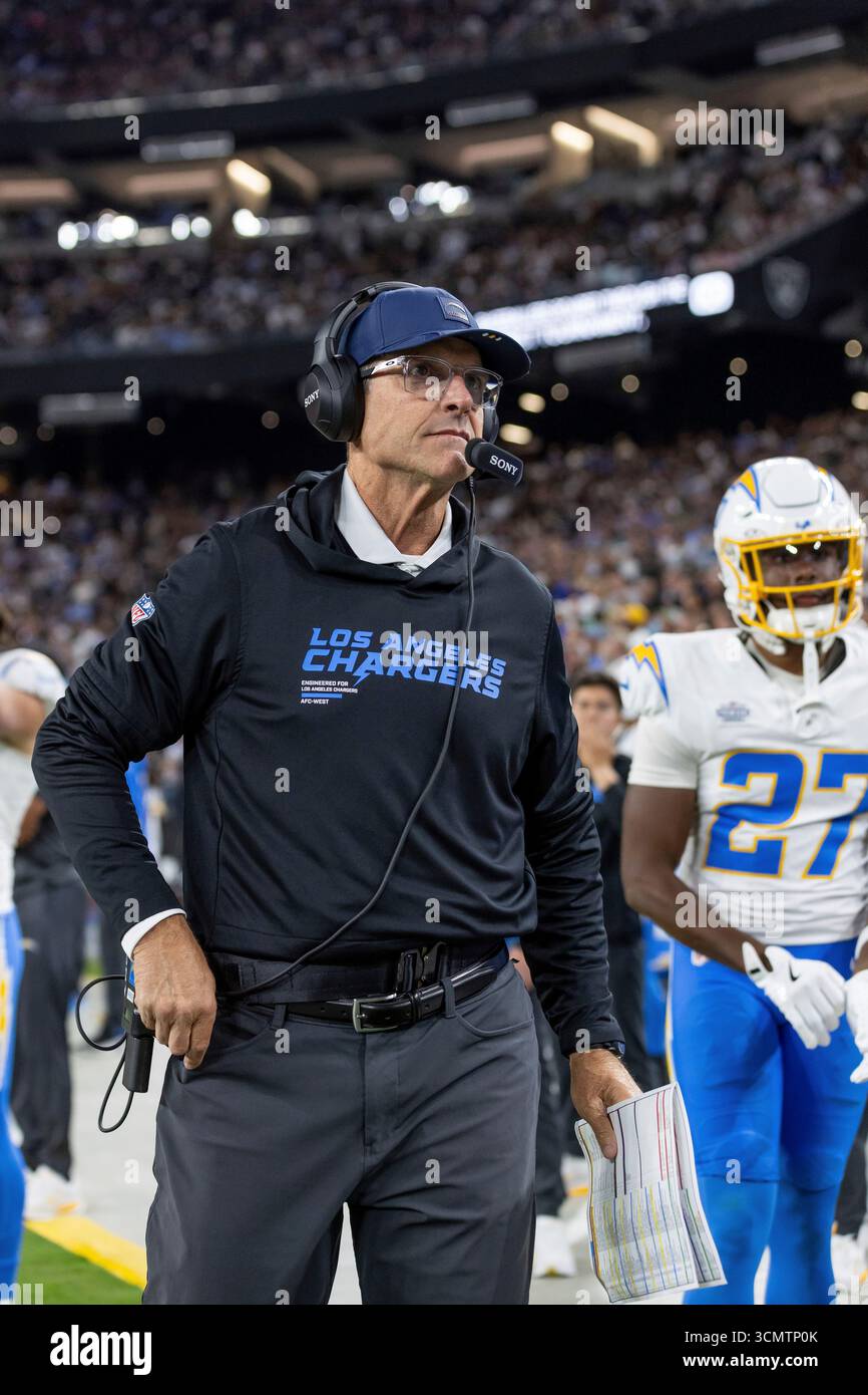 Los Angeles Chargers head coach Jim Harbaugh coaches against the Las ...