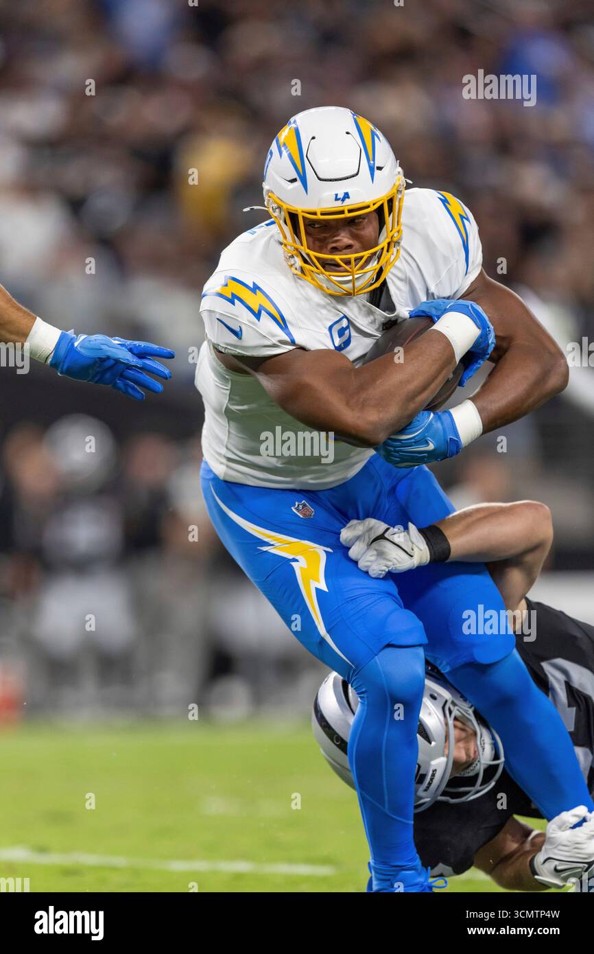 Los Angeles Chargers linebacker Daiyan Henley (0) intercepts a pass and ...