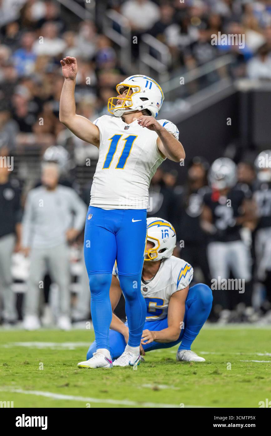 Los Angeles Chargers kicker Cameron Dicker (11) kicks a field goal ...