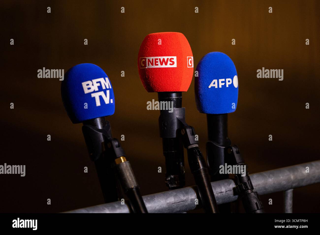 Illustration of the microphones of the news channels BFMTV ( BFM TV ...