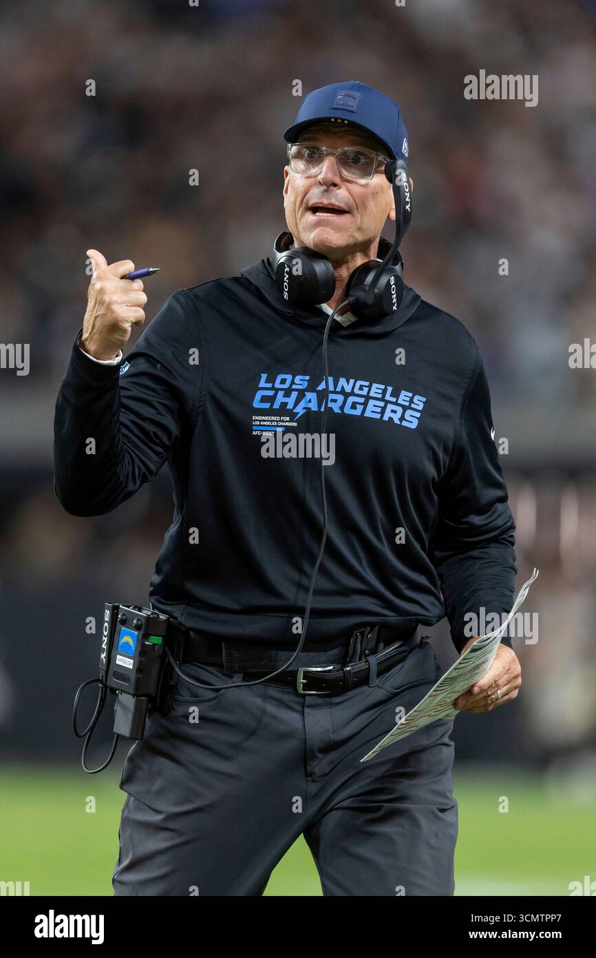 Los Angeles Chargers head coach Jim Harbaugh coaches against the Las ...