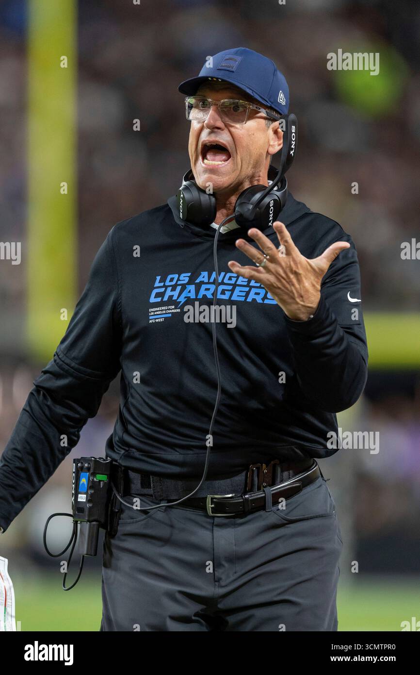 Los Angeles Chargers head coach Jim Harbaugh coaches against the Las ...