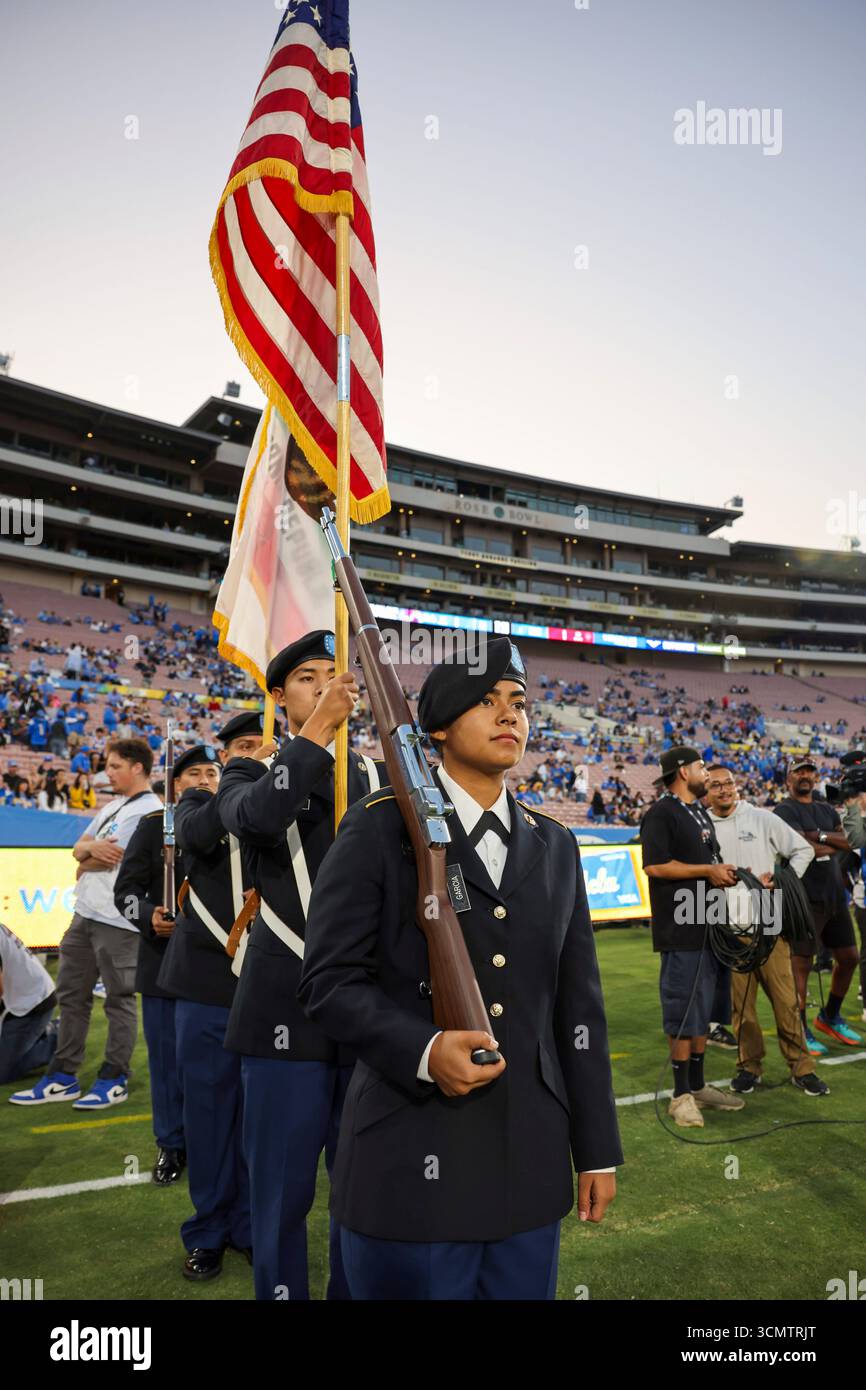 PASADENA, CA - SEPTEMBER 12: Members of the military color guard prior ...