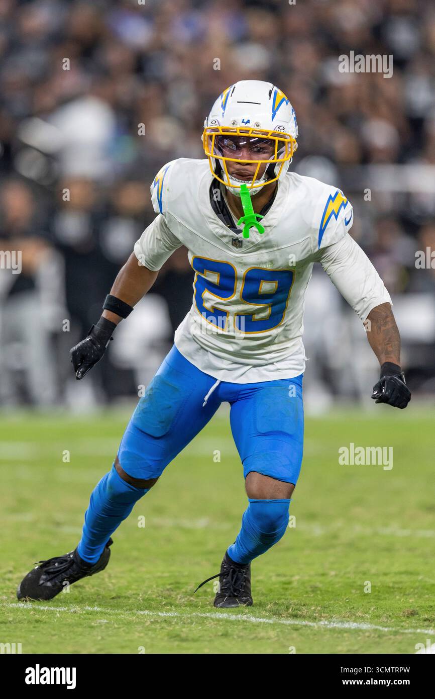 Los Angeles Chargers cornerback Tarheeb Still (29) against the Las Vegas Raiders in an NFL ...