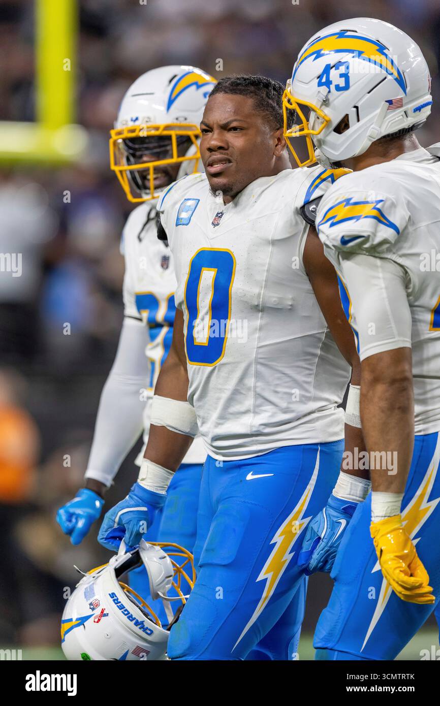 Los Angeles Chargers linebacker Daiyan Henley (0) reacts after a sack ...