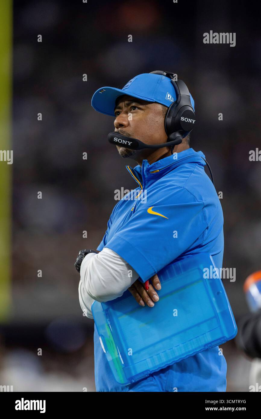 Los Angeles Chargers pass game coordinator Marcus Brady coaches against the Las Vegas Raiders in ...