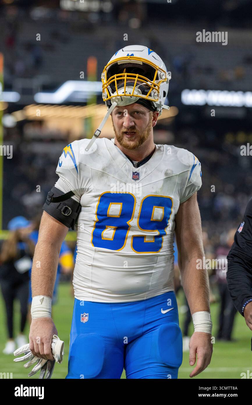Los Angeles Chargers tight end Will Dissly (89) walks off the field after the Chargers 20-9 ...