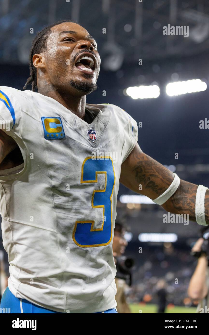 Los Angeles Chargers safety Derwin James, Jr. (3) walk off the field after the Chargers 20-9 ...