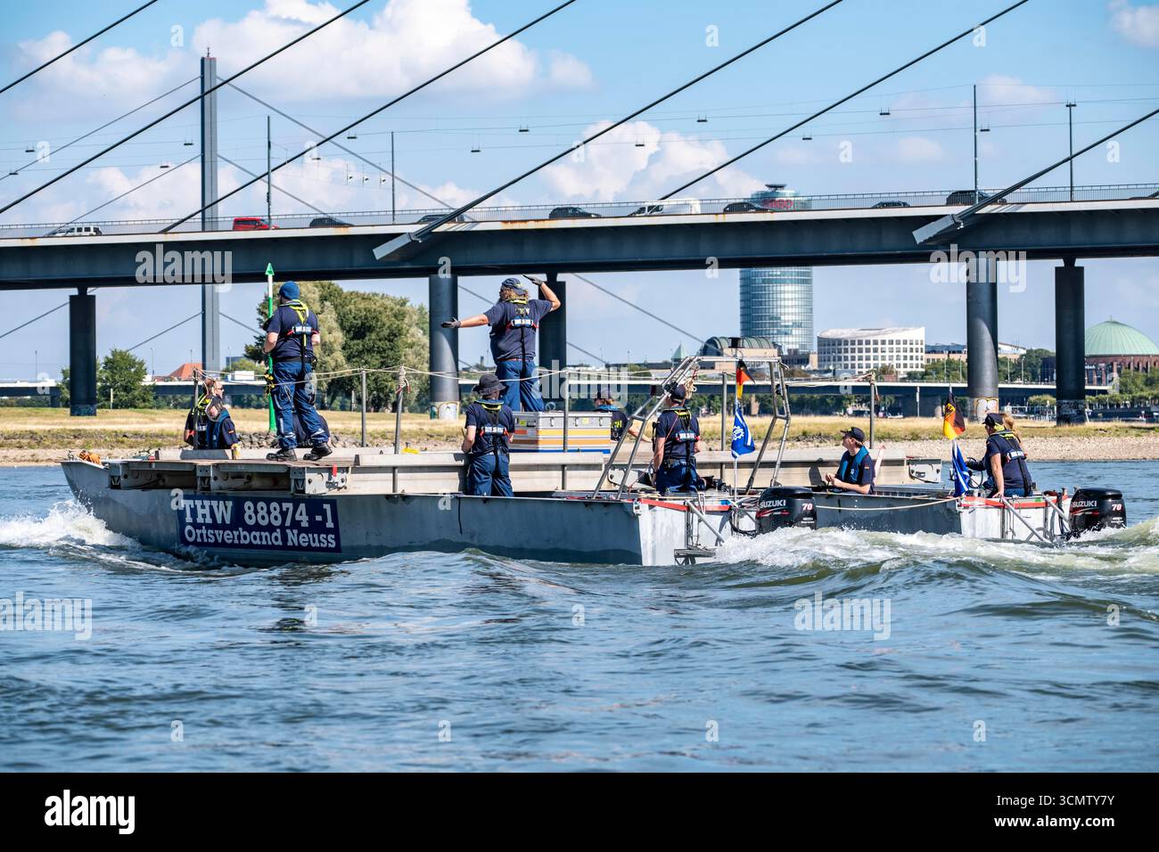 Training exercise with a multi-purpose pontoon on the Rhine, boat ...