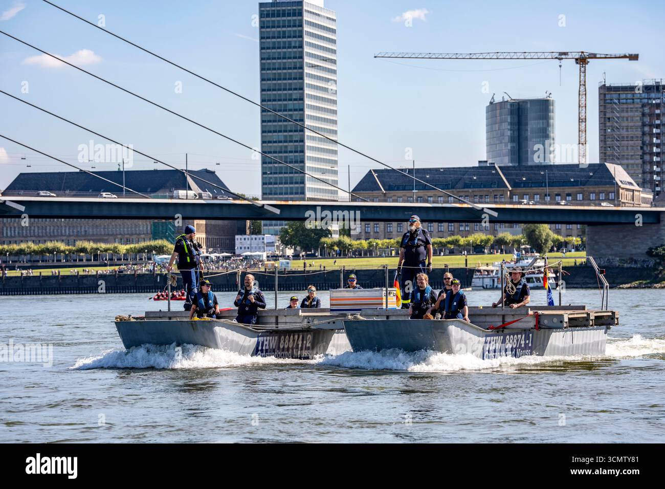 Training exercise with a multi-purpose pontoon on the Rhine, boat ...